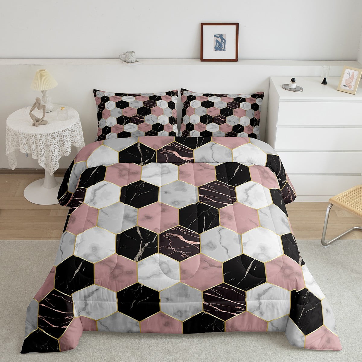 Black Pink Grey Bedding Set Queen Marbling Marble Comforter Set ...
