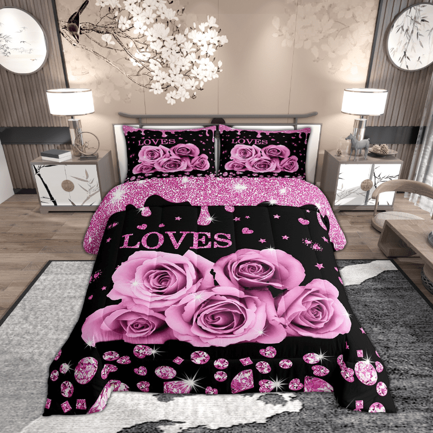 Erosebridal Black Pink King Comforter Set,Glitter Diamond Rose Print ...