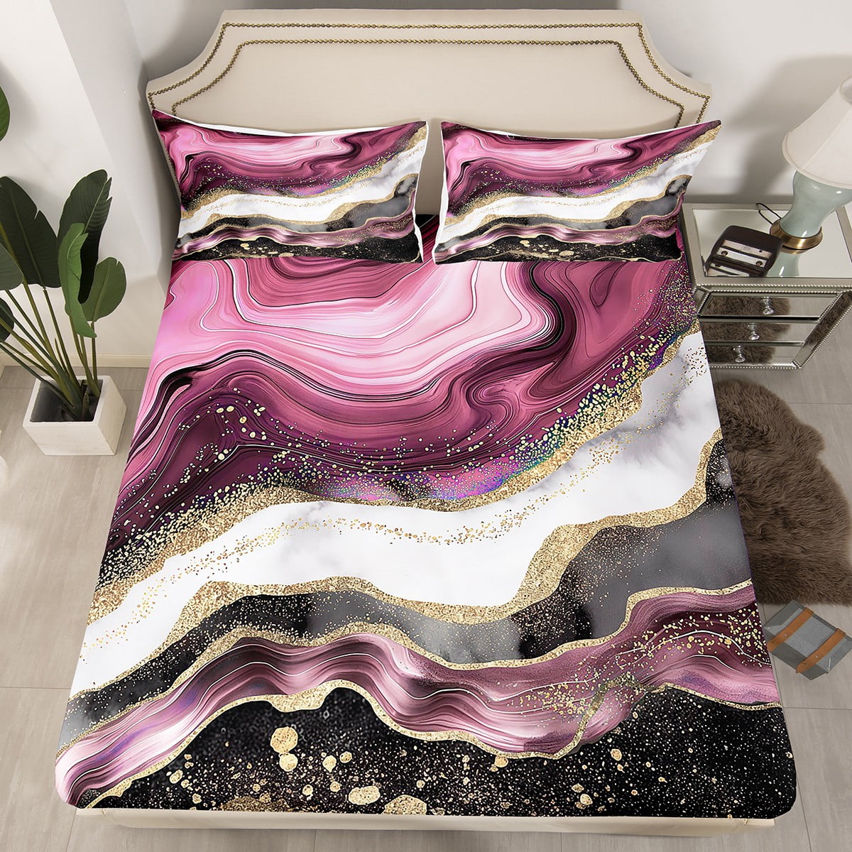 YST Black and Pink Marbling Queen Fitted Sheet for Girls Watercolor ...