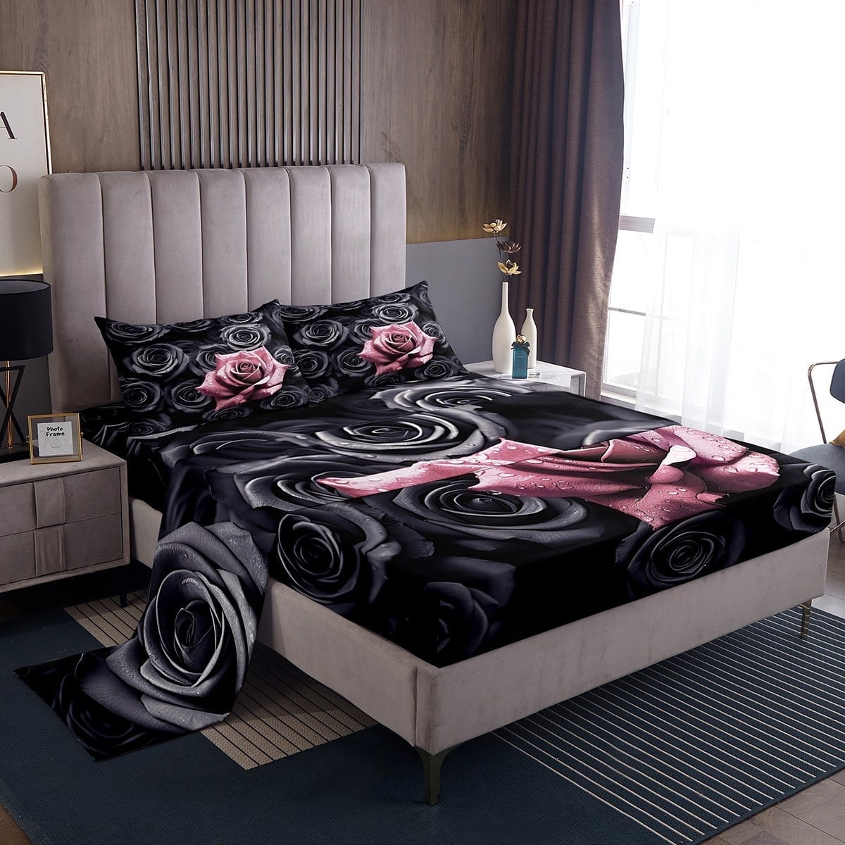 Erosebridal Black and Pink Rose Bed Sheets King Romantic Flowers Sheet ...