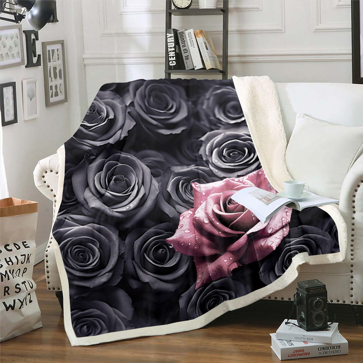 Black and Pink Rose Blanket Romantic Floral Throw Blanket,3D Roses ...