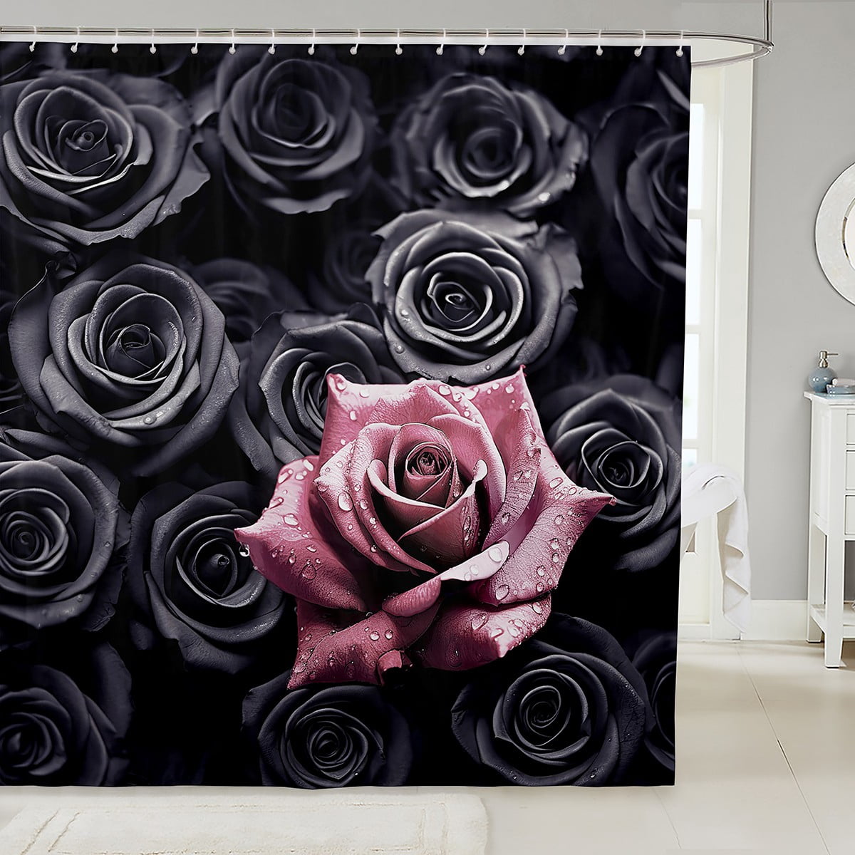 Black and Pink Rose Shower Curtain Set Romantic Floral Bathroom ...