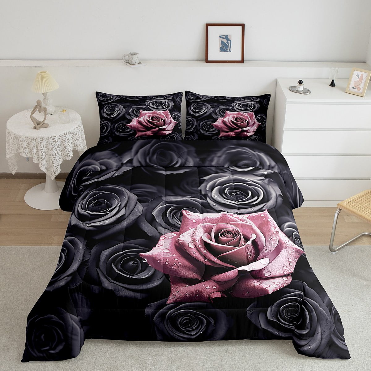 Black and Pink Rose Twin Comforter Set Romantic Floral Bedding Set,3D ...