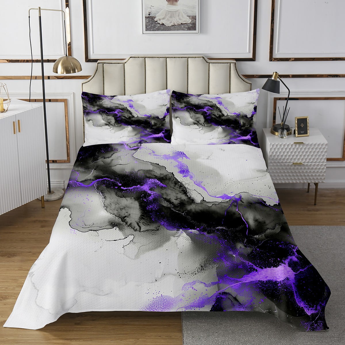YST Black Purple Marble Coverlet King Size Grey Marbling Bedding Set ...