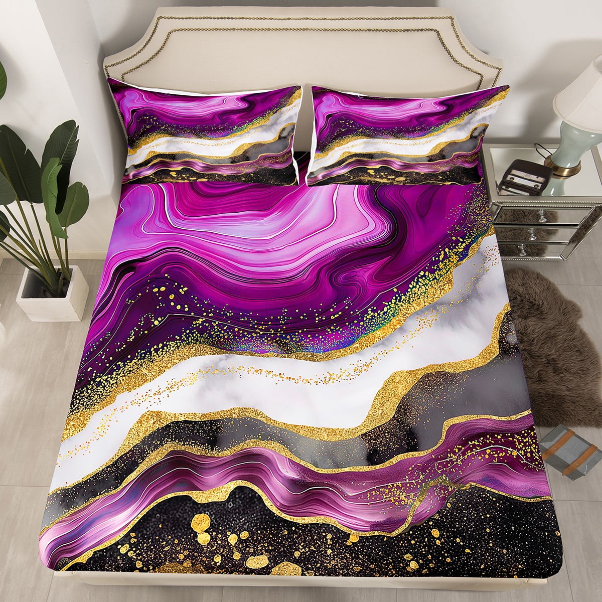 Black and Purple Marbling Bed Sheets Watercolor Stripe Fitted Sheet ...