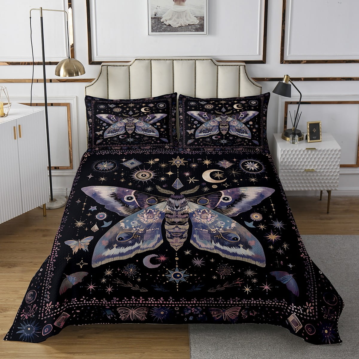 YST Black and Purple Moth King Quilt Set,Moon and Stars Boho Bedding ...