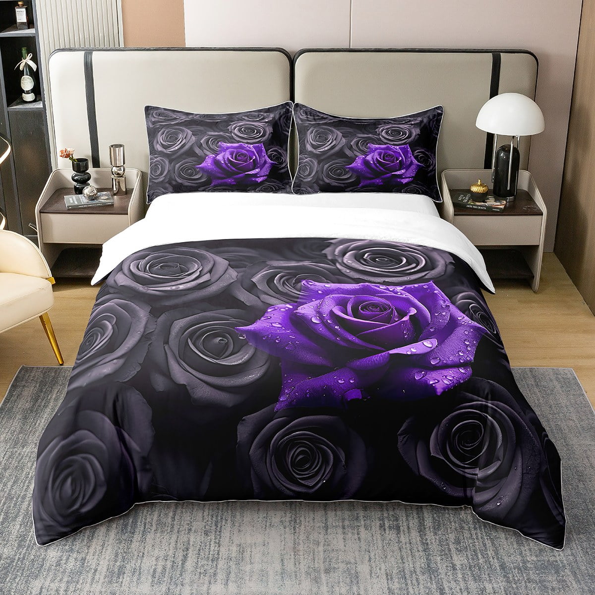 YST Black Purple Rose 100% Cotton Duvet Cover King Romantic Floral ...