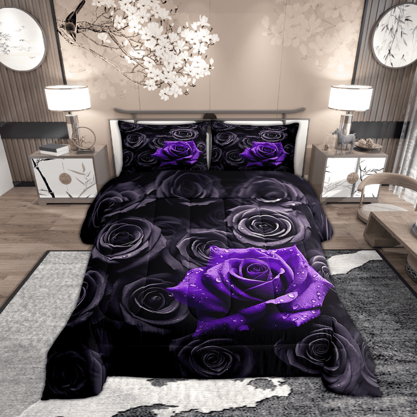 Erosebridal Black and Purple Rose Comforter Set Full Romantic Floral ...