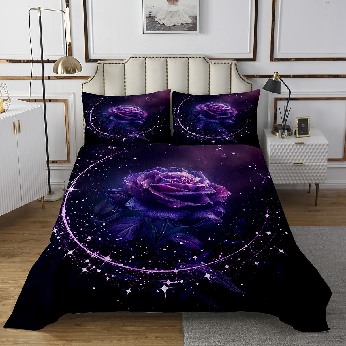 Black and Purple Rose King Quilt Set,Romantic Purple Floral Bedding Set ...