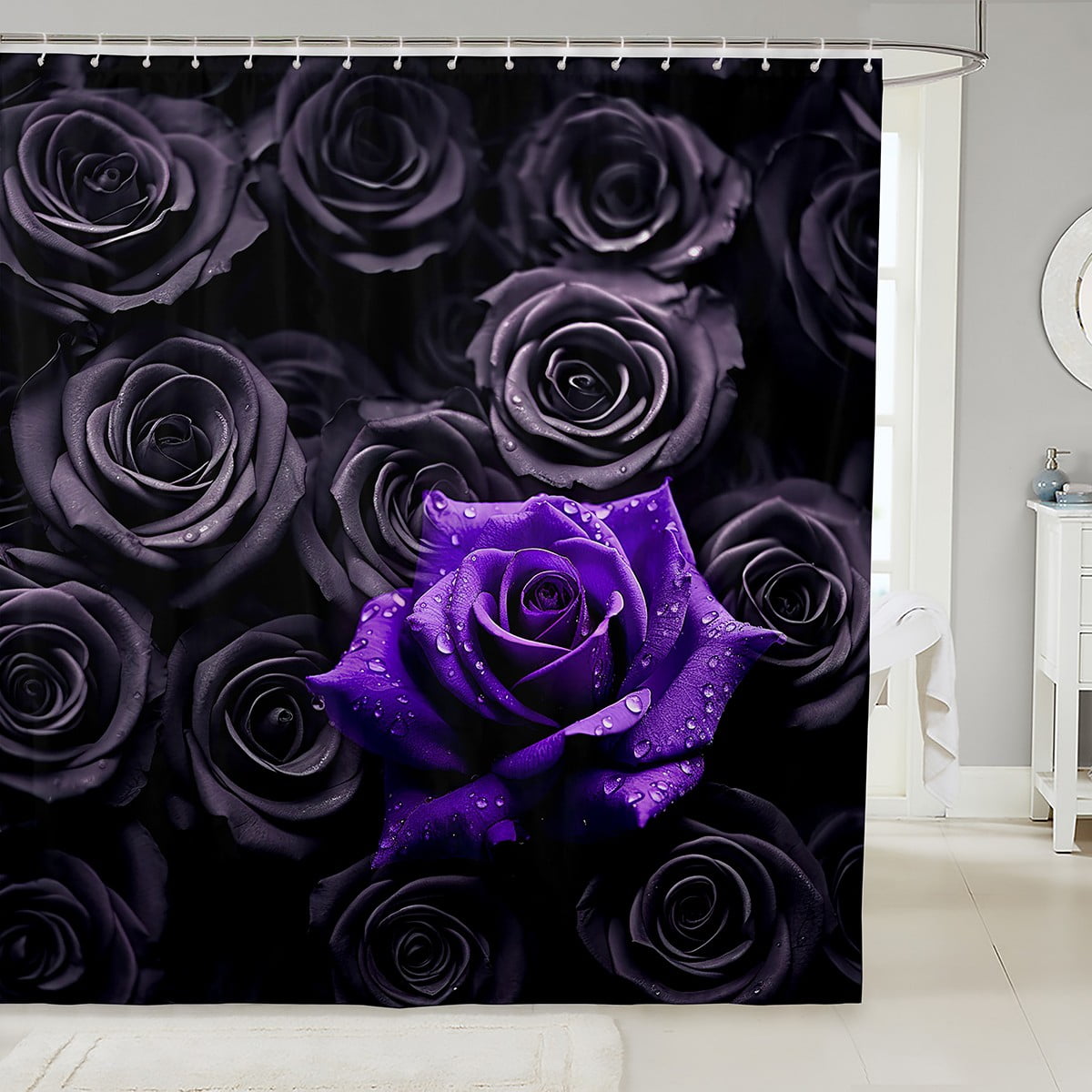 Black and Purple Rose Shower Curtain Set Romantic Flowers Bathroom ...