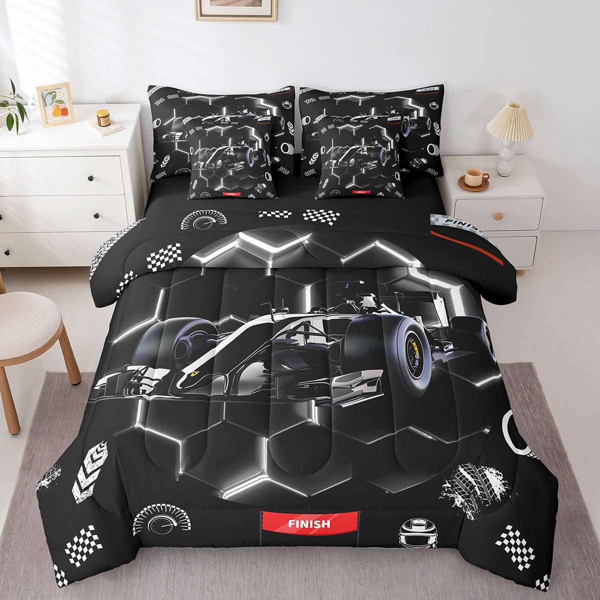 Black Race Car Bed In A Bag 7 Piece Queen Neon Honeycomb Racing Car ...