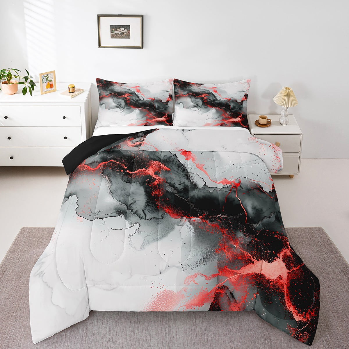 Black and Red King Size Comforter Set Abstract Marbling Bedding Set ...