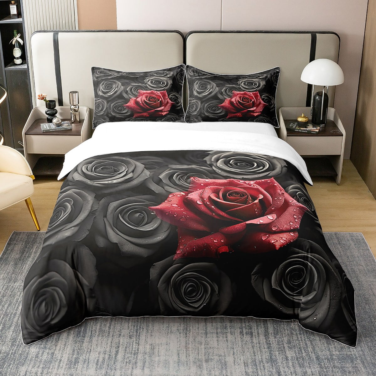 YST Black Red Rose Bedding Set 100% Cotton Romantic Floral Duvet Cover ...