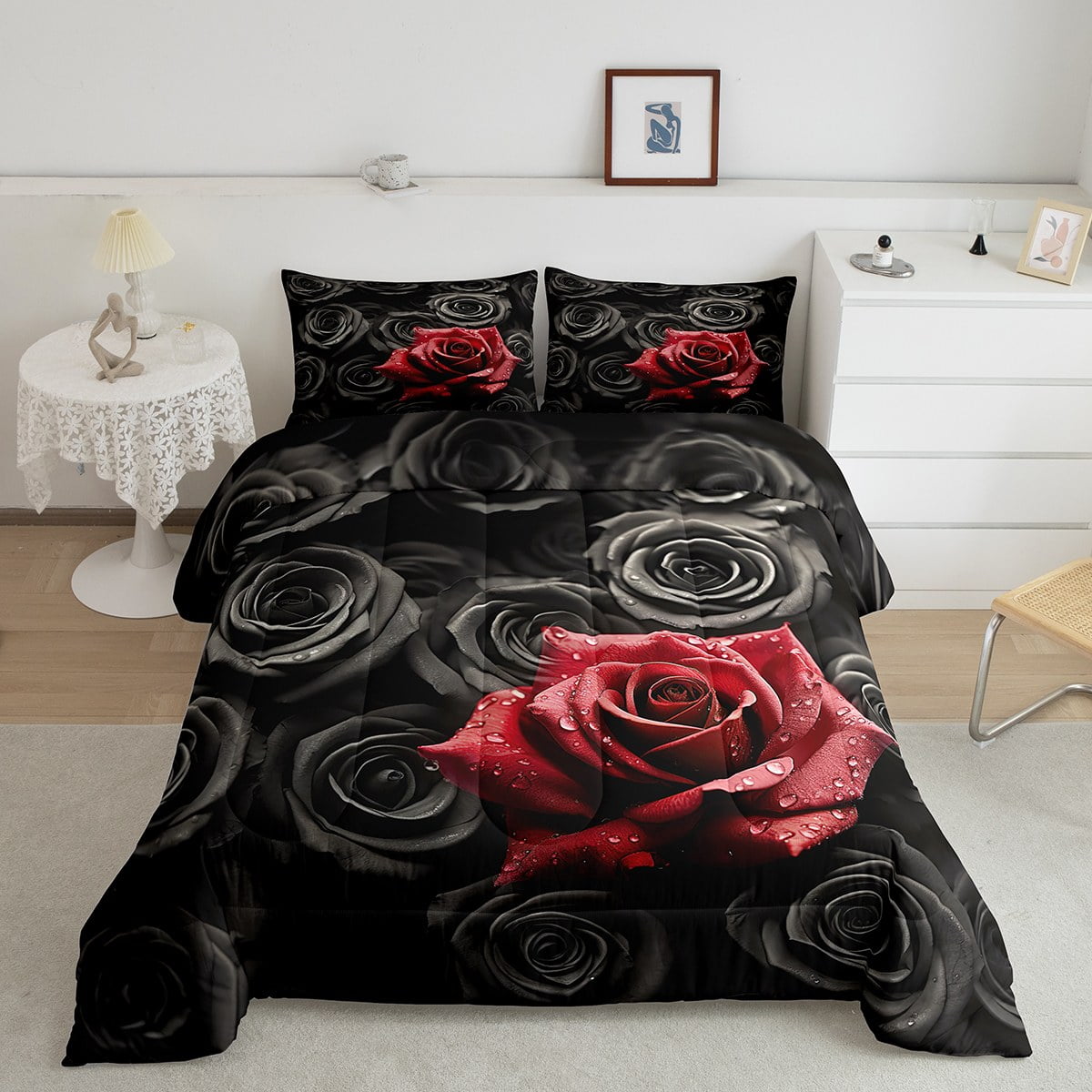 Erosebridal Black and Red Rose Comforter Set King Romantic Flowers ...