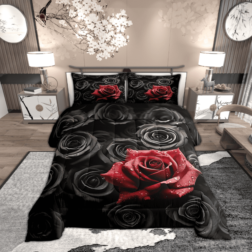 Black and Red Rose Comforter Set Queen Romantic Flowers Bedding Set,3D ...