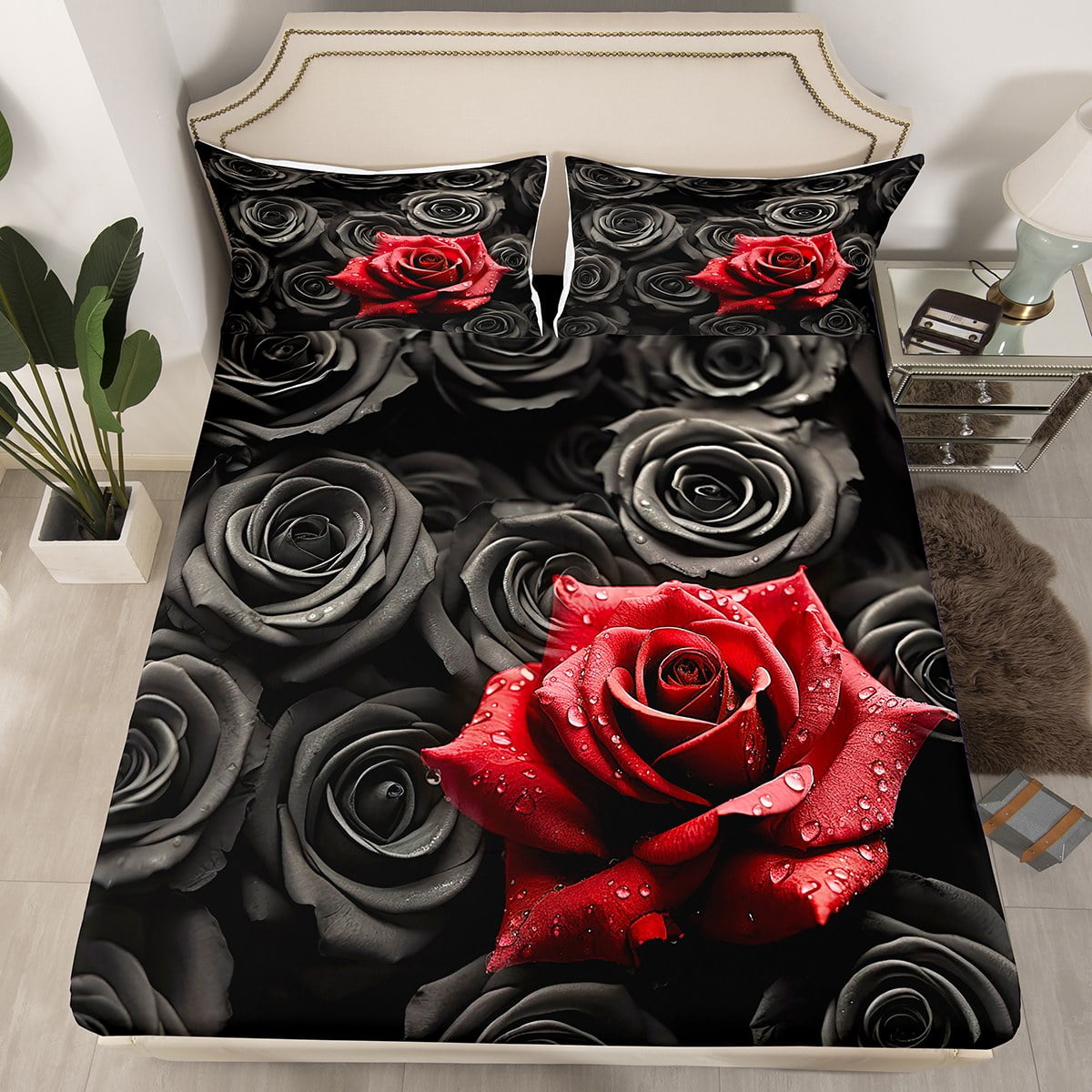 Erosebridal Black and Red Rose Fitted Sheet Queen Romantic Flowers ...