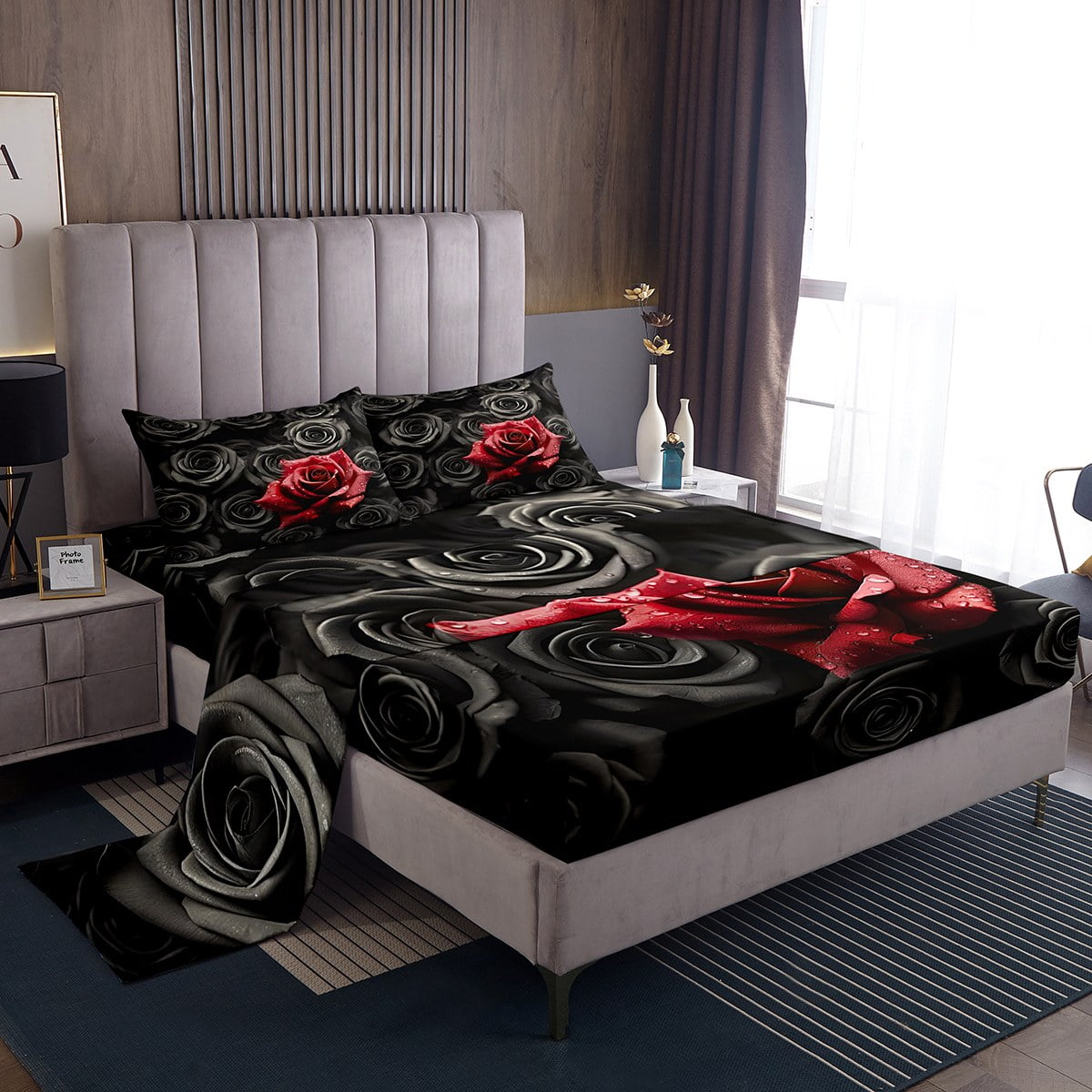 Erosebridal Black and Red Rose Twin Bed Sheets Romantic Floral Sheet ...