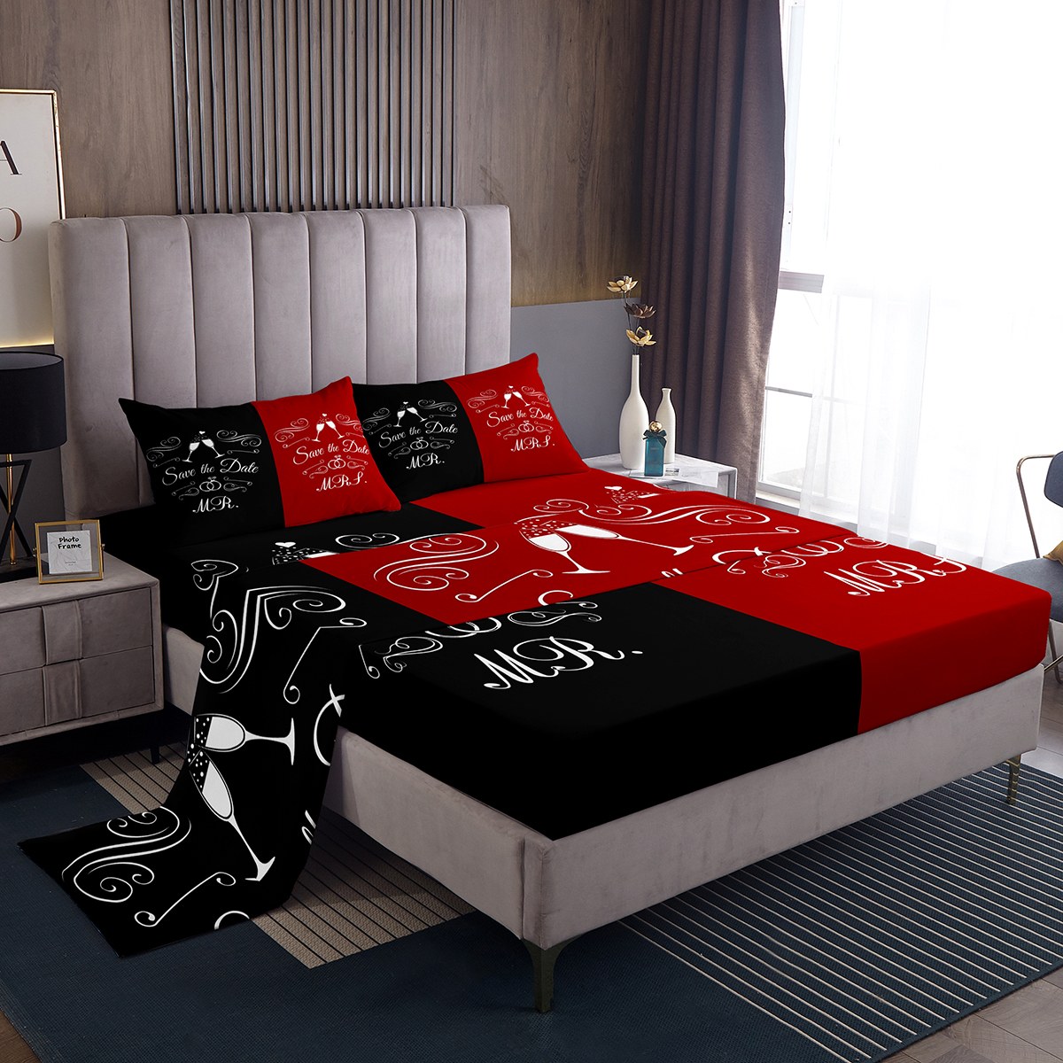 Black And Red Sheet Set, Mr And Mrs Couple Sheets Glasses Of Champagne ...