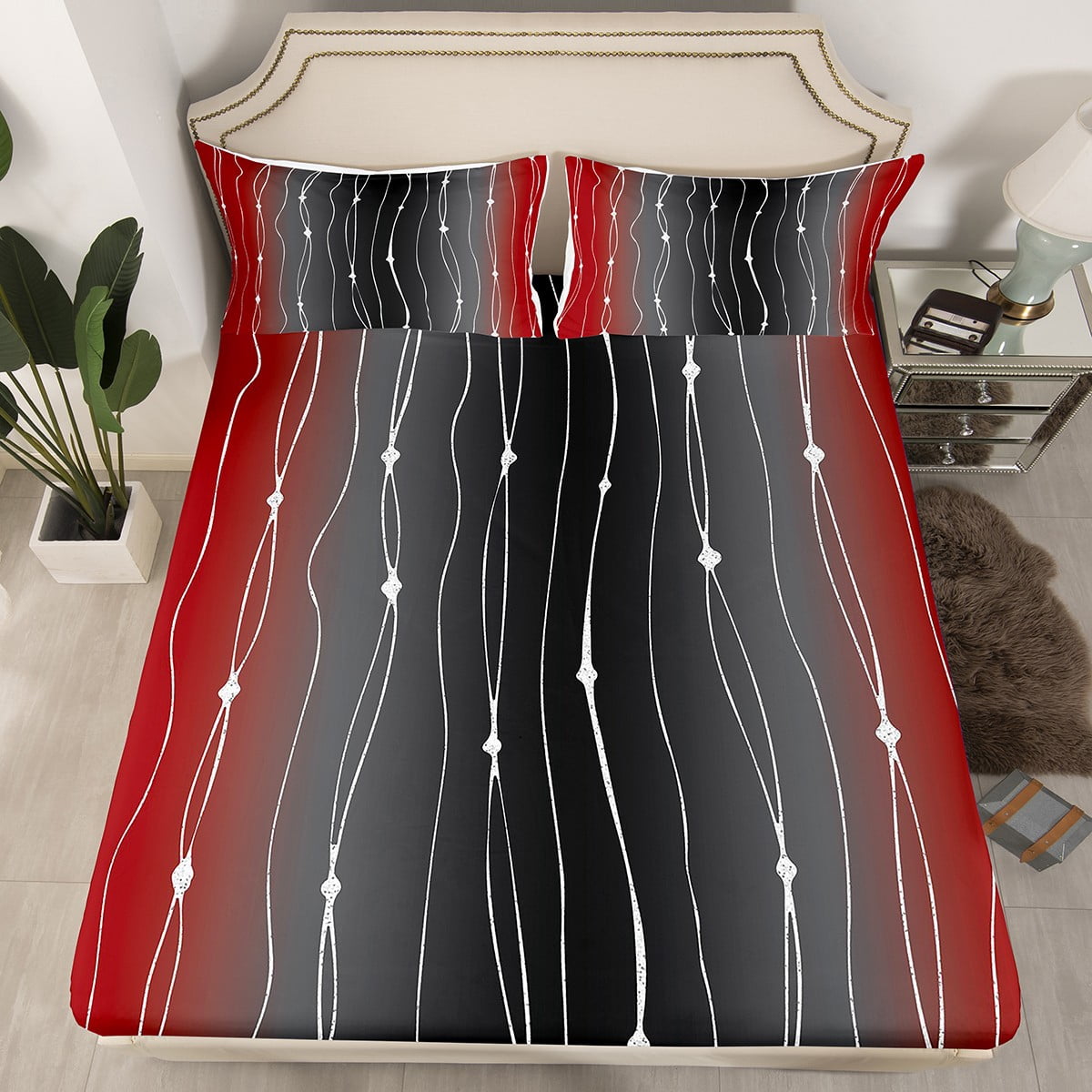 Erosebridal Black and Red Watercolor Twin Fitted Sheet Wave Stripe and ...