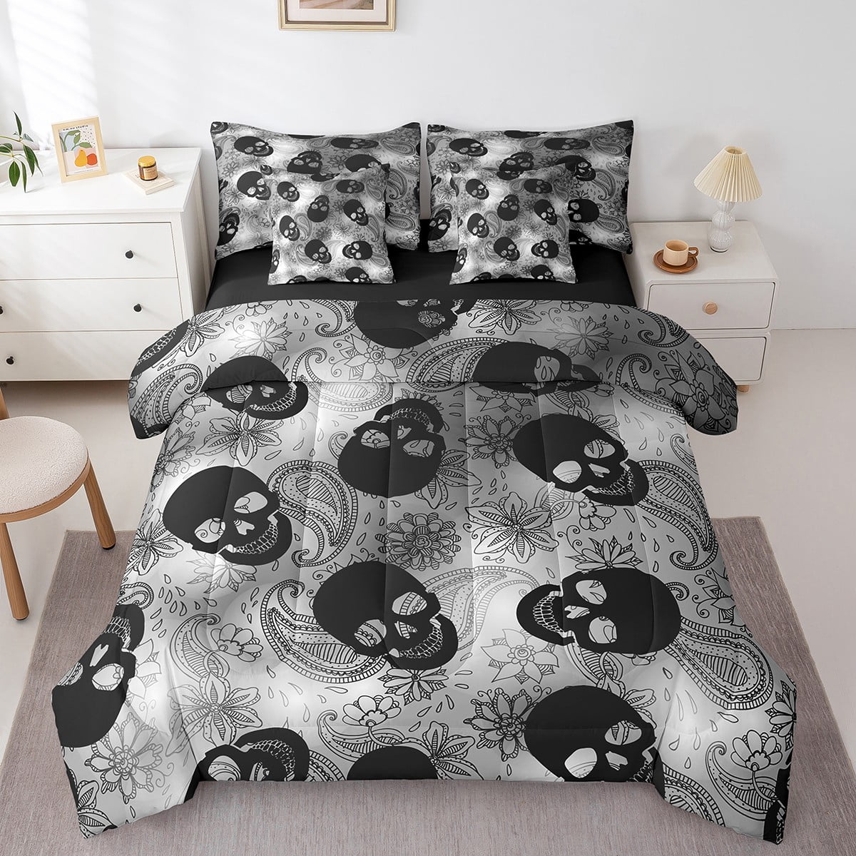 YST Black Skull Comforter Set Twin Size 7 Piece Boho Paisley Floral Bed ...