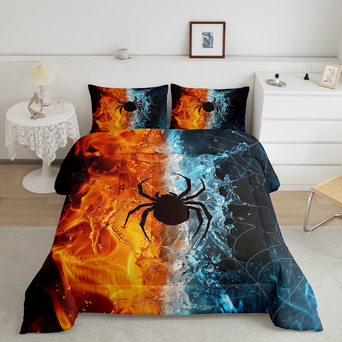 Black Spider Comforter Set King, 3D Fire and Water Spider Bedding ...