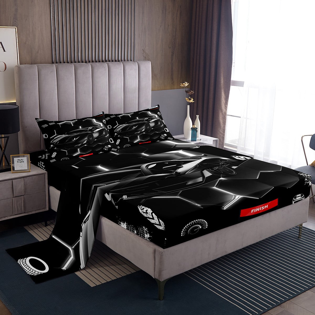 YST Black Sports Car Boys Bed Sheets Twin Teen Men Neon Honeycomb Race ...