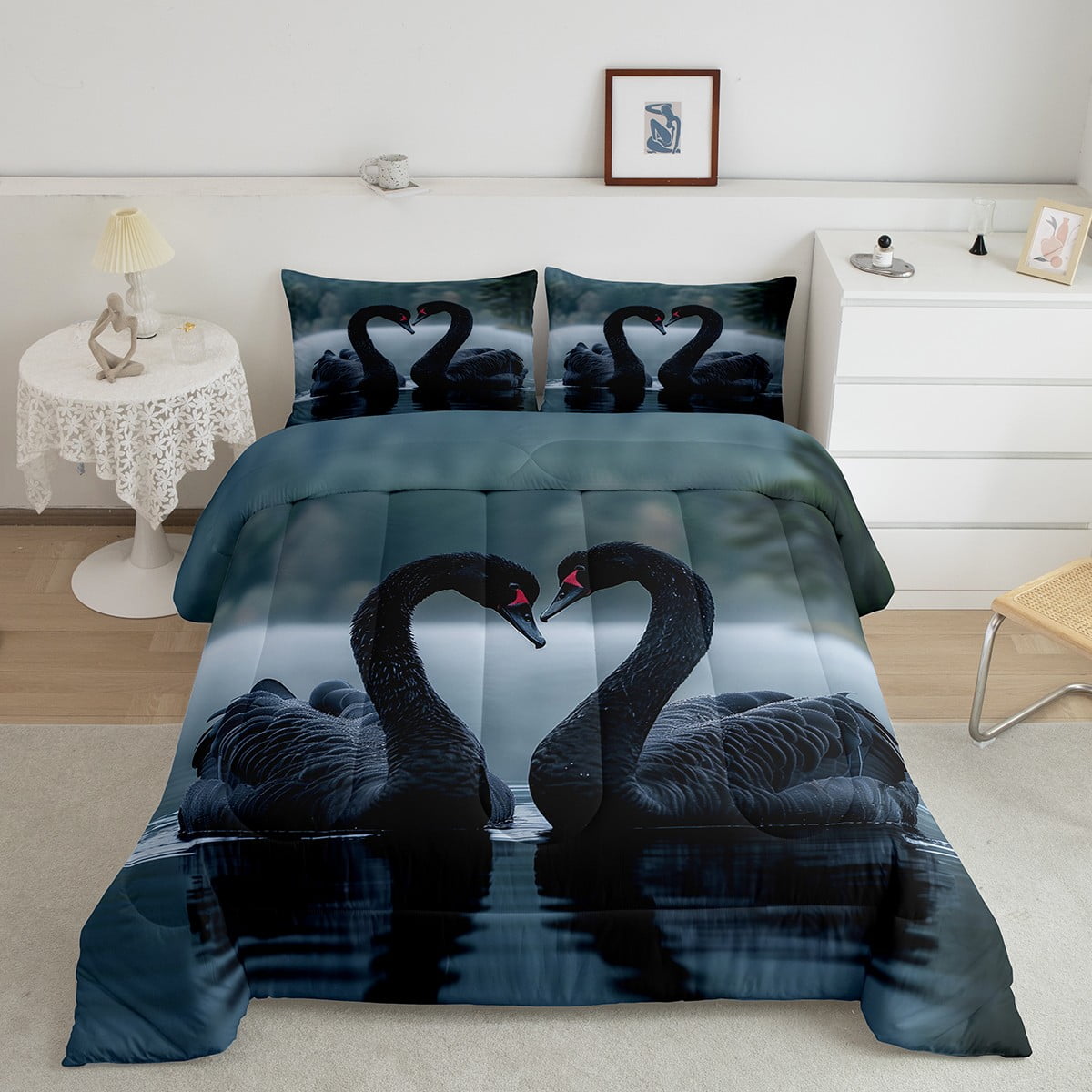 Black Swan Bedding Full Size Swan Couple Comforter Set ,Swan Lake Duvet ...