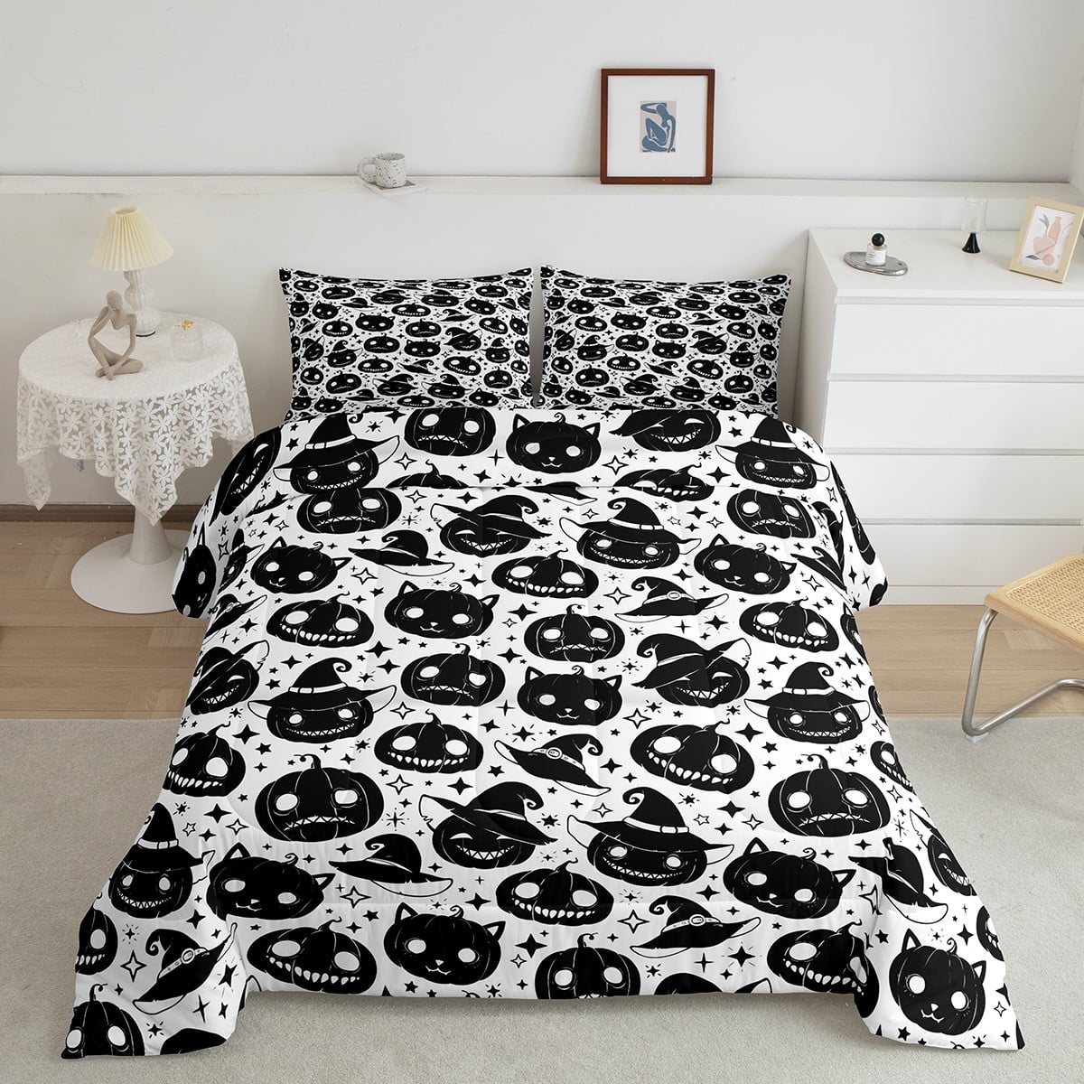 YST Black and White Comforter Set Queen Halloween Theme Bedding Set, Pumpkin Lantern Down ...