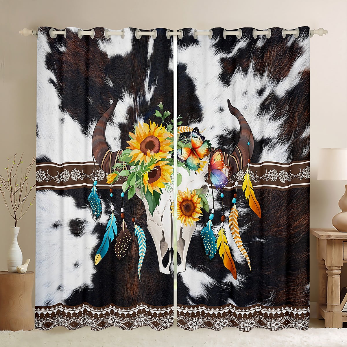 Erosebridal Black White Cowhide Blackout Curtains Bull Skull Western ...