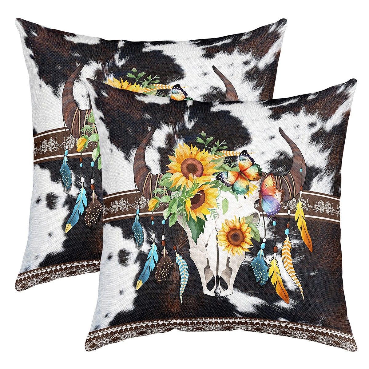Black White Cowhide Pillow Covers Sugar Skull Western Cushion Cases ...