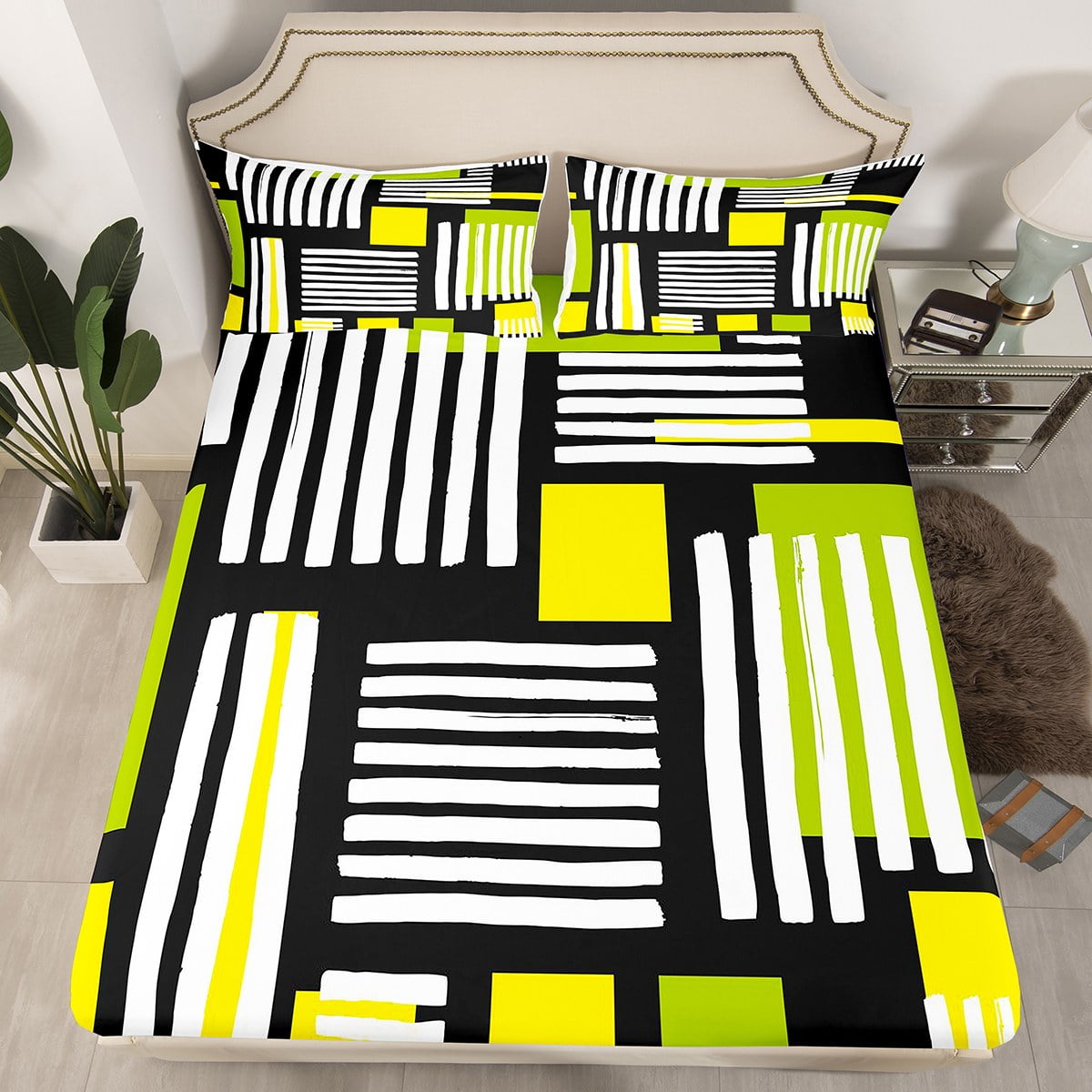 YST Black White Green Yellow Bed Sheets Modern Aesthetic Fitted Sheet ...