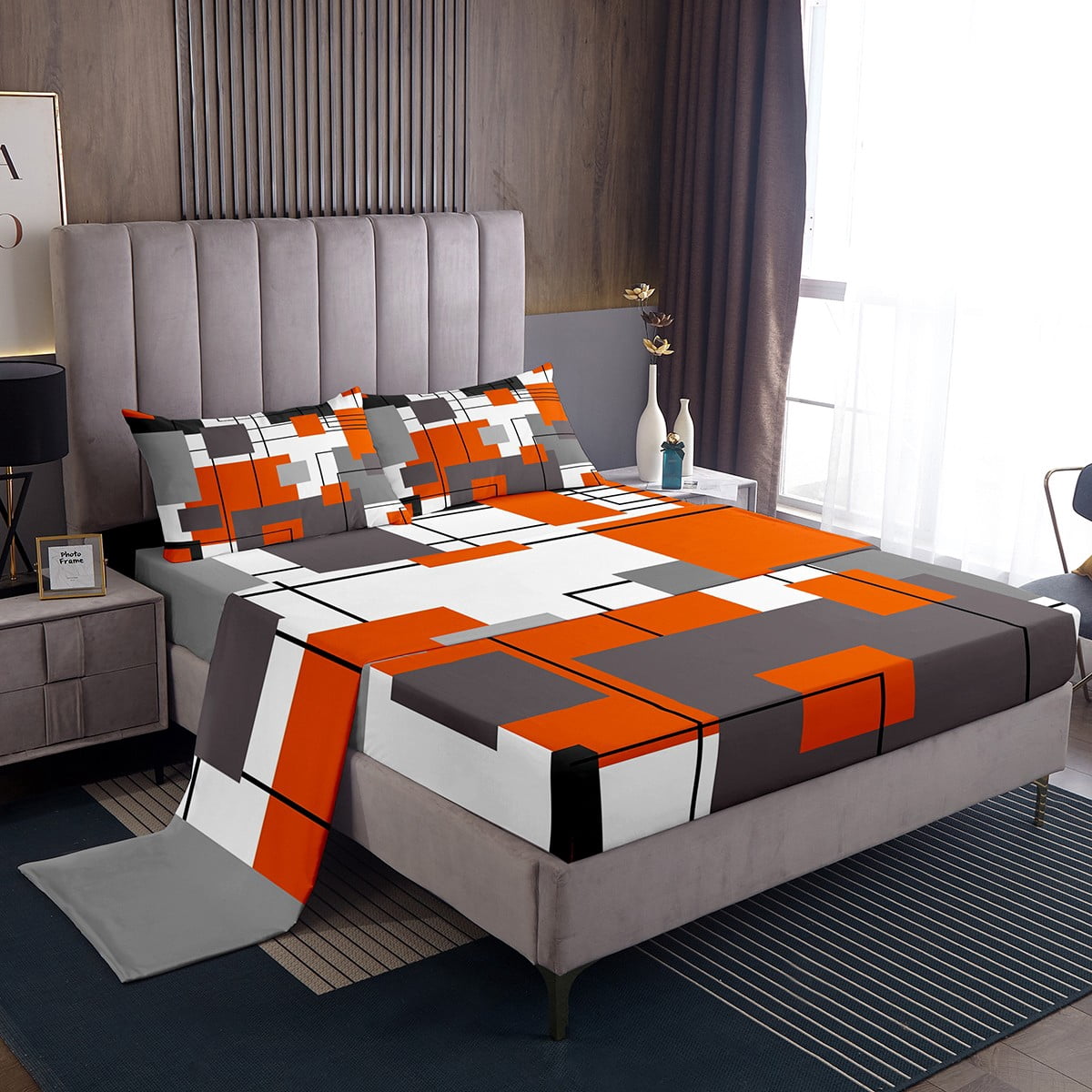 Black White Grey Orange Bed Sheets Deep Pocket Twin Geometric Square ...
