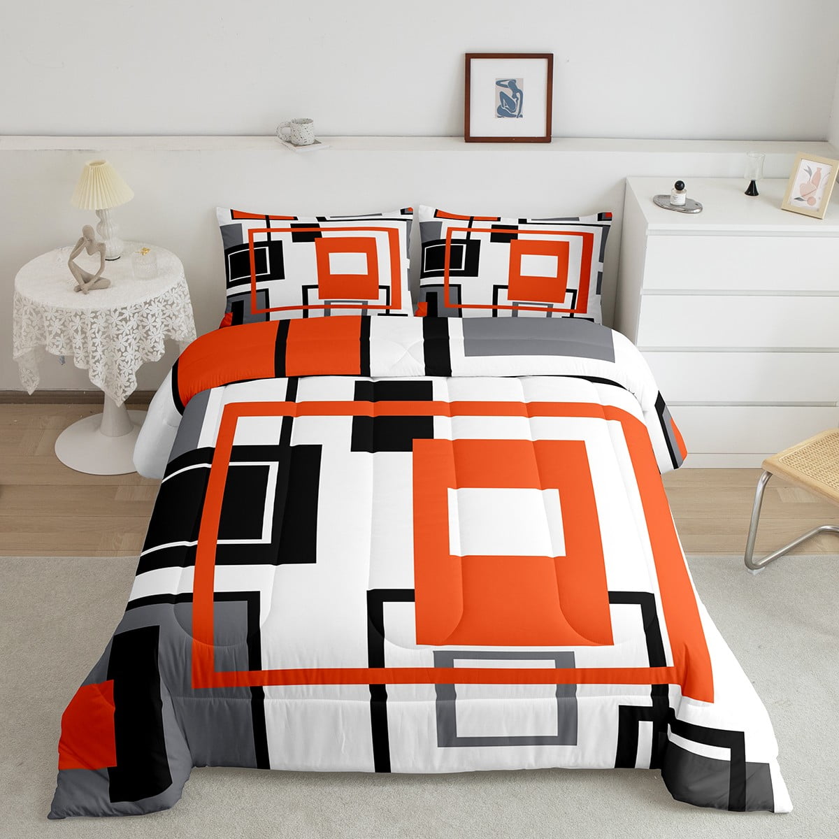 YST Black White Grey Orange Comforter Set Twin Geometric Square ...