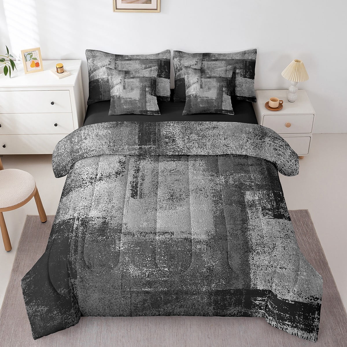 YST Black White Grey Queen Comforter Set 7 Piece Geometric Abstract ...