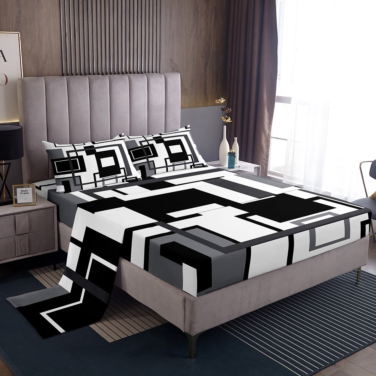 Black White And Grey Sheet Set Queen For Adults Men,Abstract Geometric ...