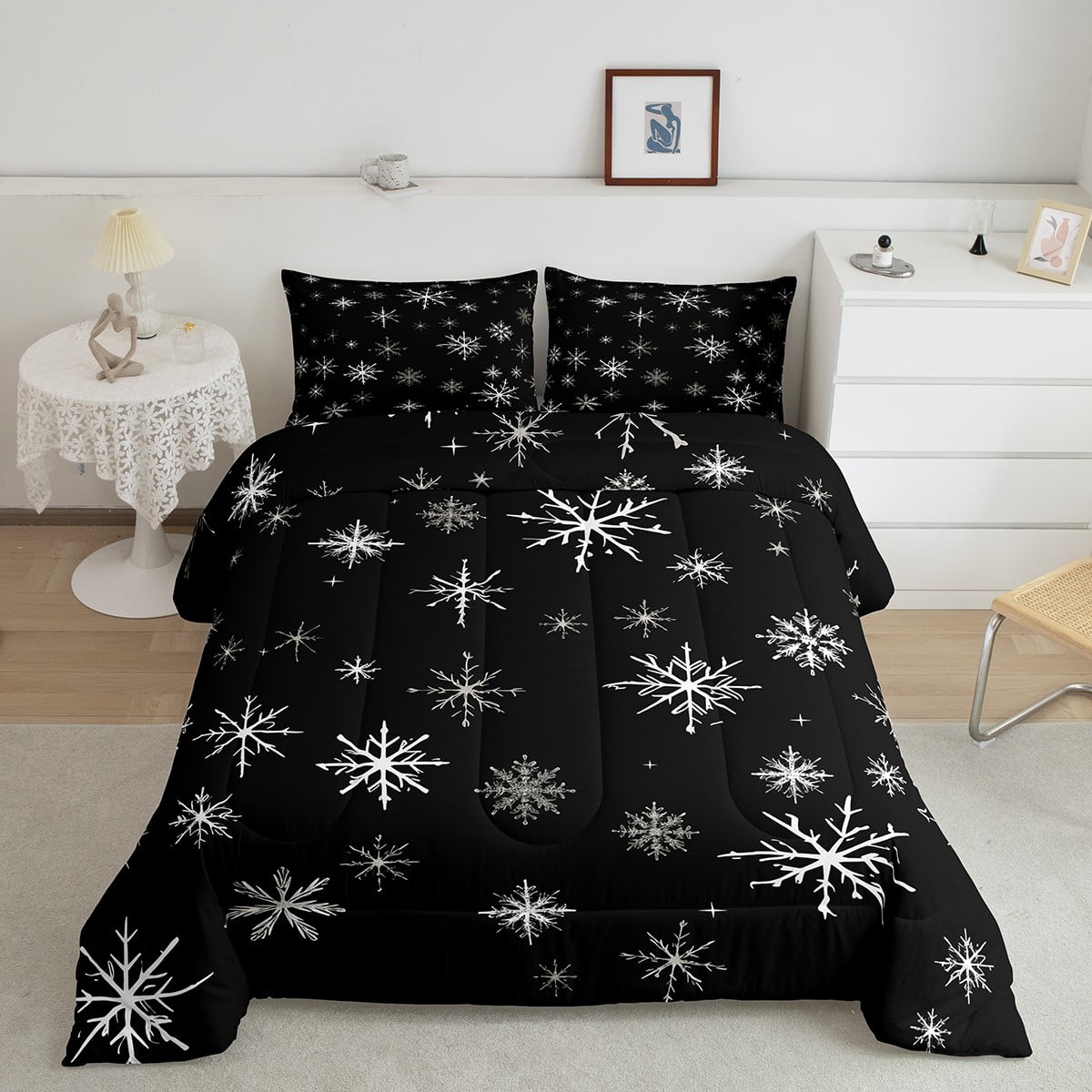 Black and White Queen Comforter Set Winter Snowflake Bedding Set ...