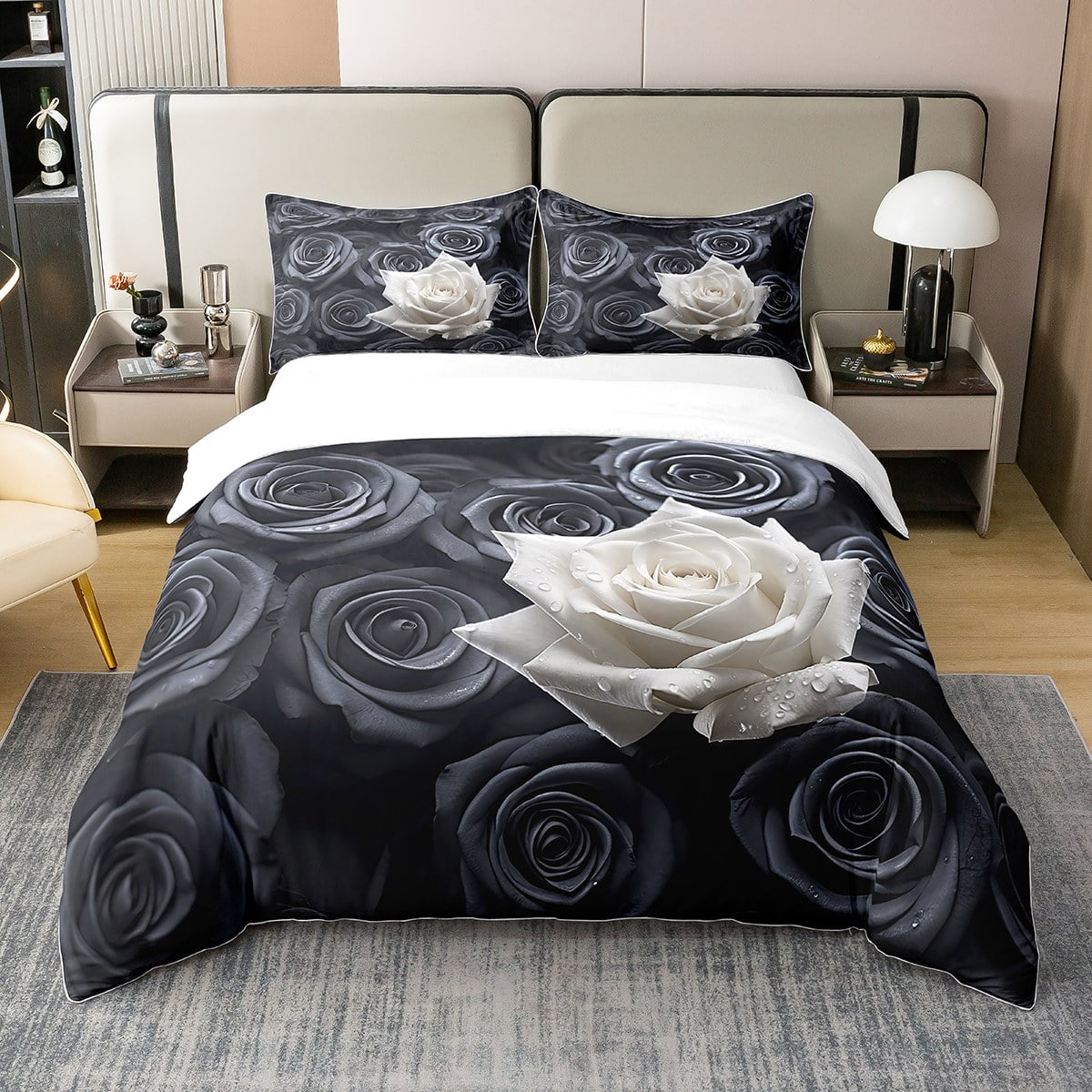Black White Rose 100% Cotton Duvet Cover Twin Romantic Floral Bedding ...