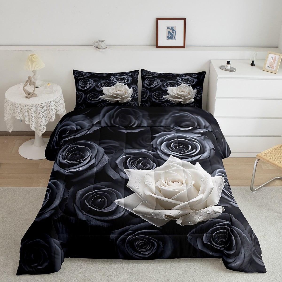 YST Black and White Rose Twin Comforter Set Romantic Floral Bedding Set ...