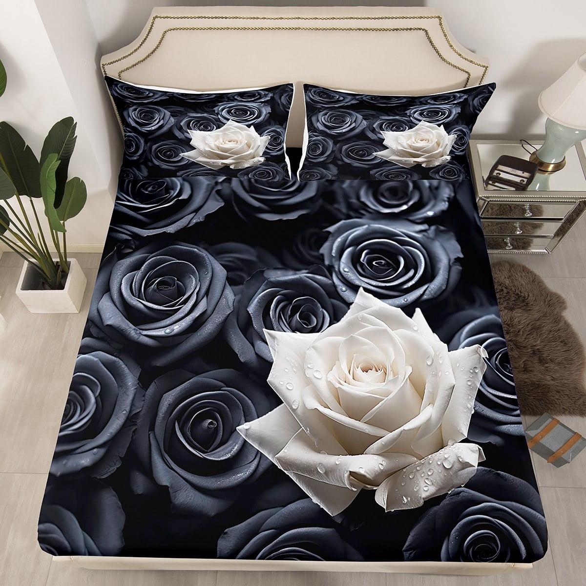 Black and White Rose Twin Fitted Sheet Romantic Floral Bedding Set,3D ...