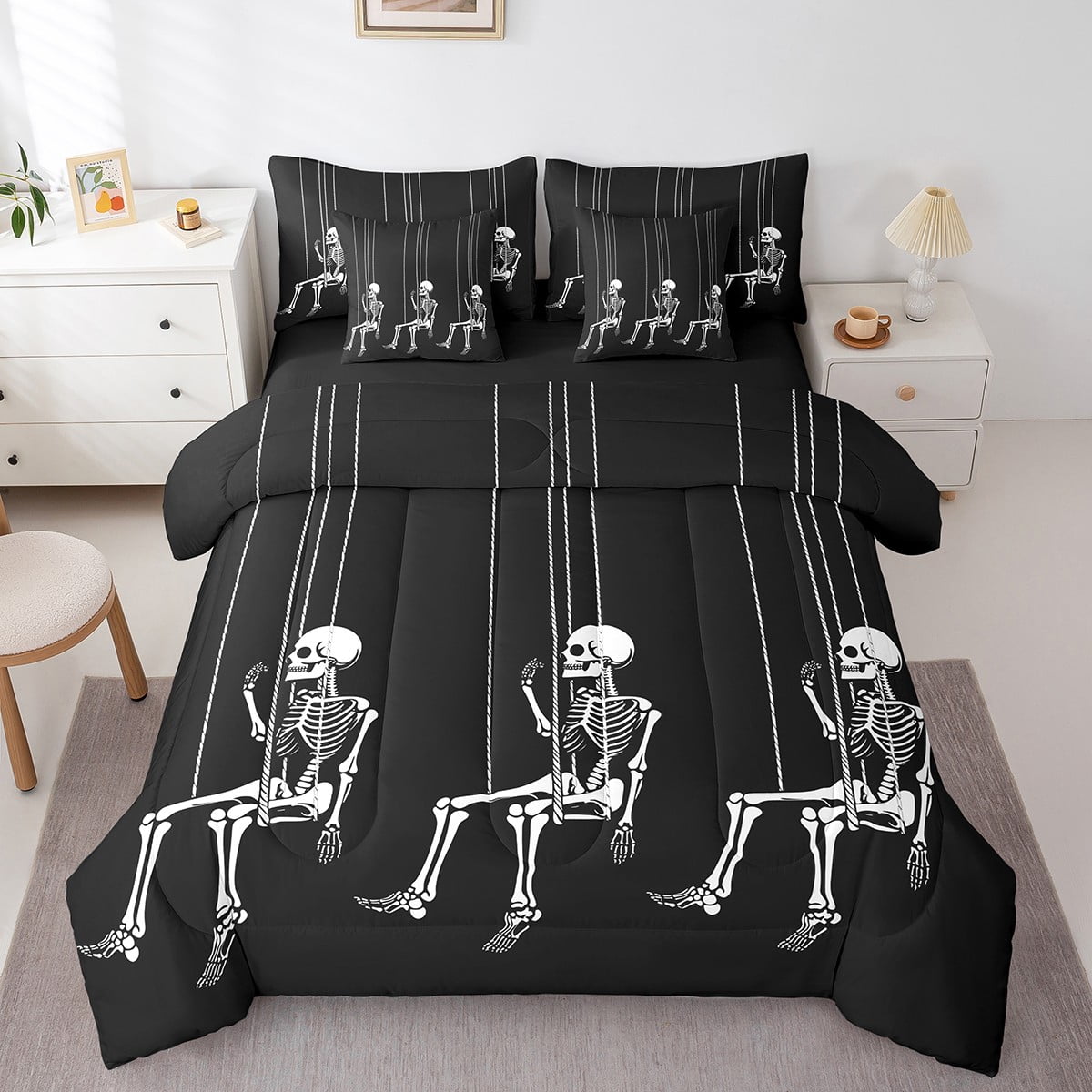 Black and White Skeleton Queen Bedding Set with Sheets,Gothic Skeleton ...