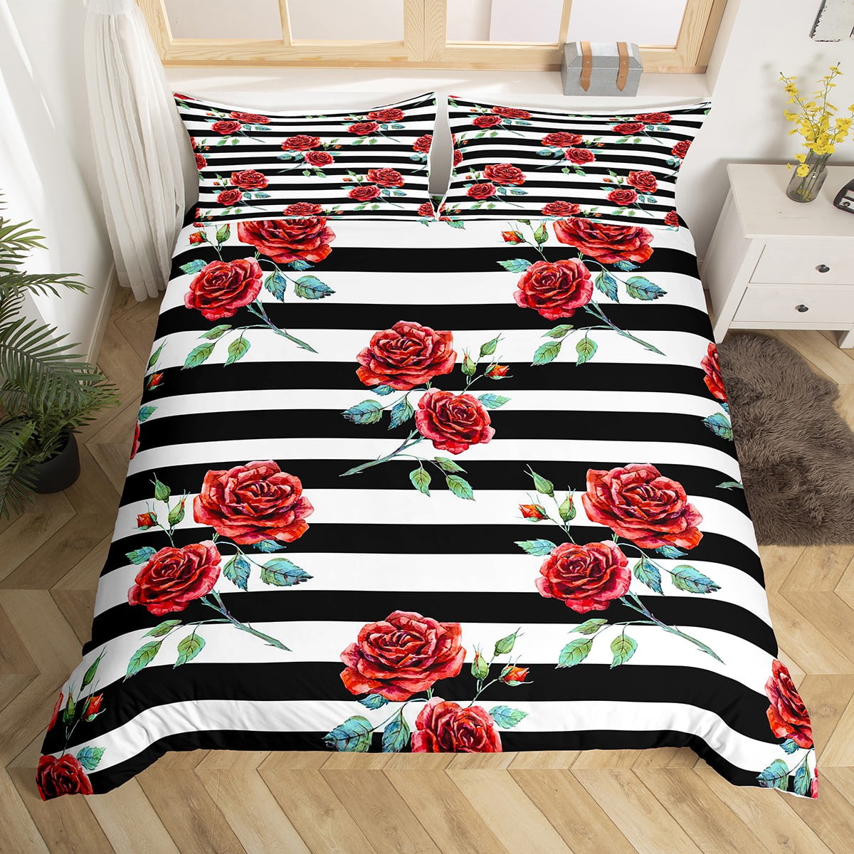 Erosebridal Black White Stripe Bed Set Red Rose Duvet Cover Twin Size ...