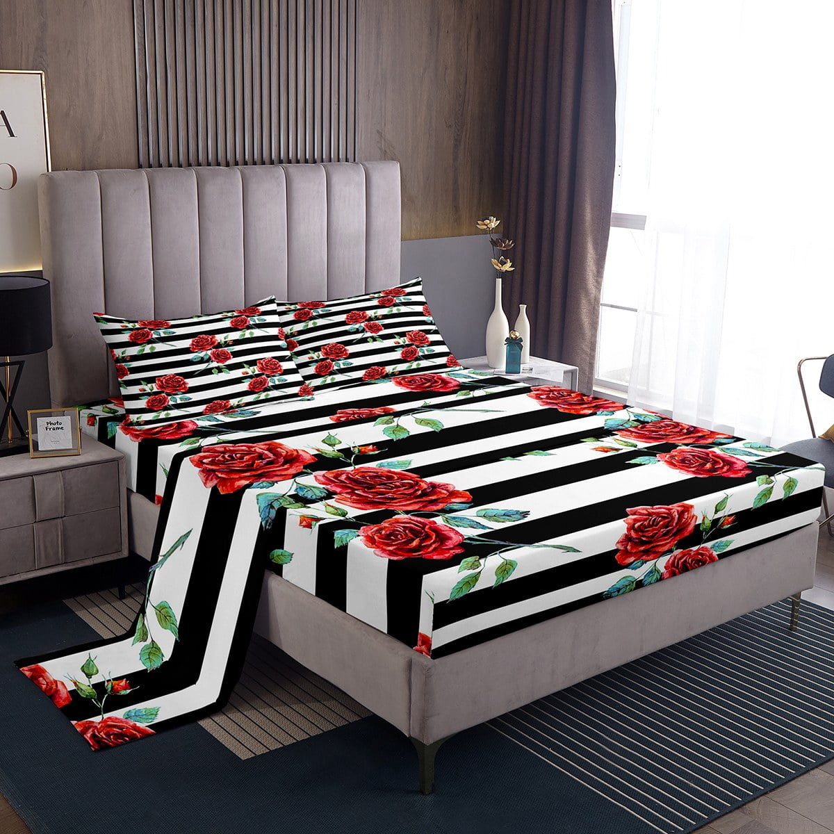 Erosebridal Black White Stripe King Sheet Set Red Rose Sheets ...
