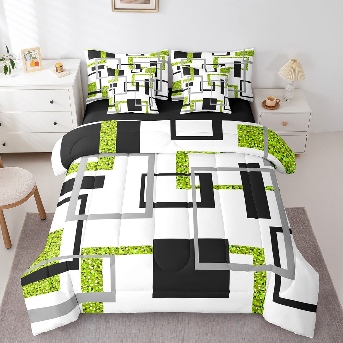 YST Black White Striped 7 Pcs Comforter Set Twin,Lime Green Square Bed ...