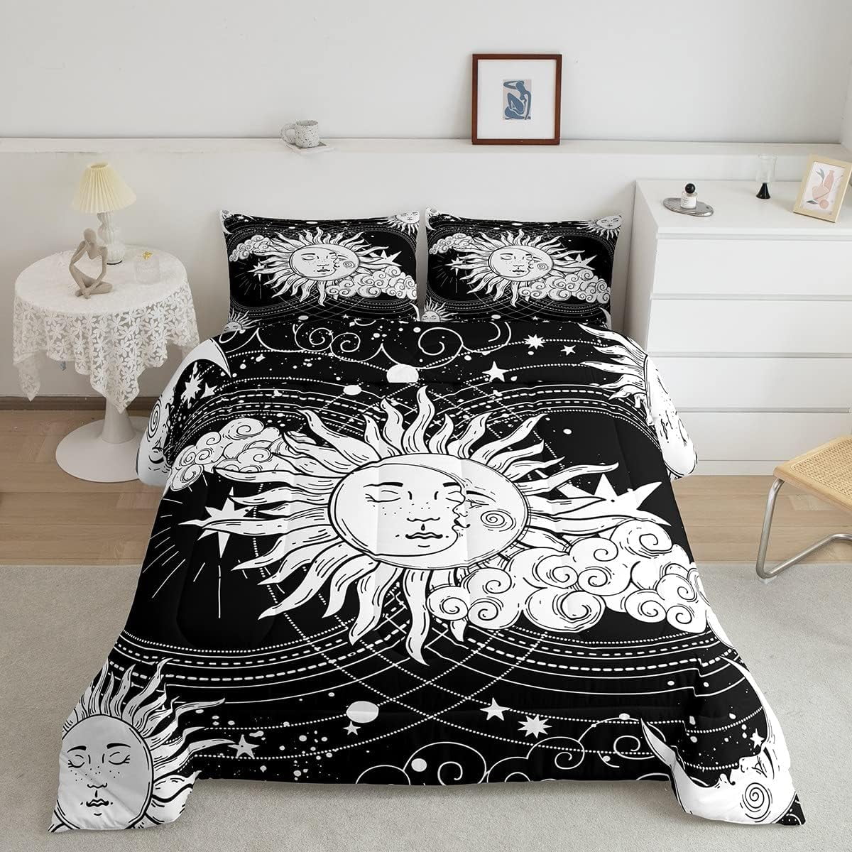 Black White Sun Moon Bedding Set Full Size Hippie Comforter Set, Boho ...