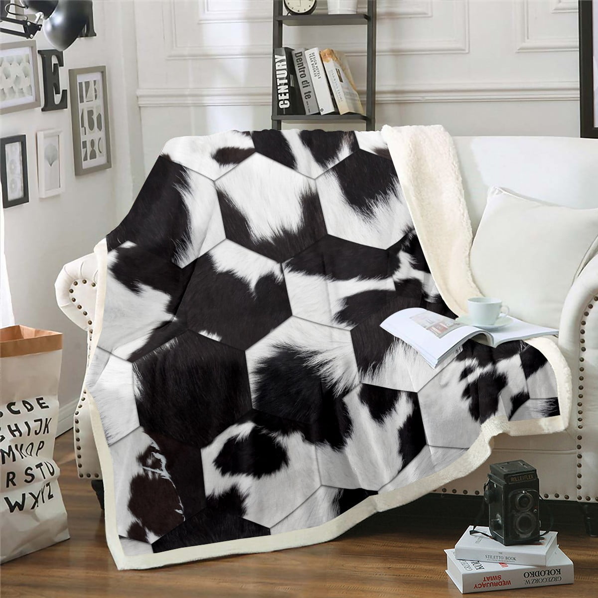 YST Black White Throw Blanket Cow Print Faux Bedding Geometry Hexagon ...
