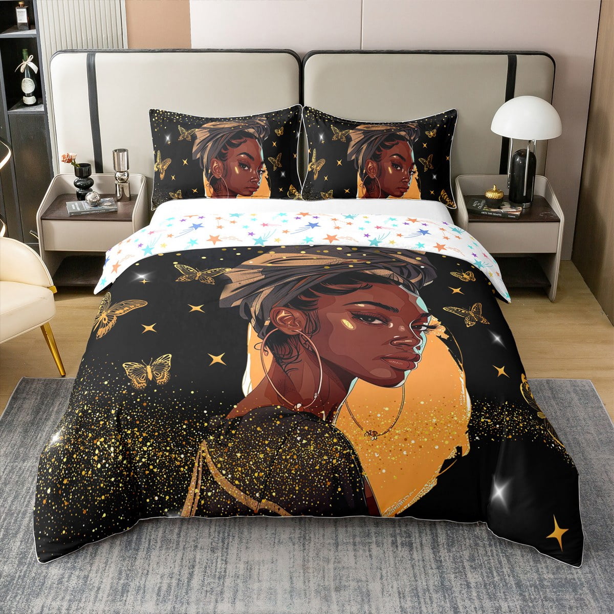 Black Women 100% Cotton Duvet Cover Full,Yellow Glitter Diamond Printed ...