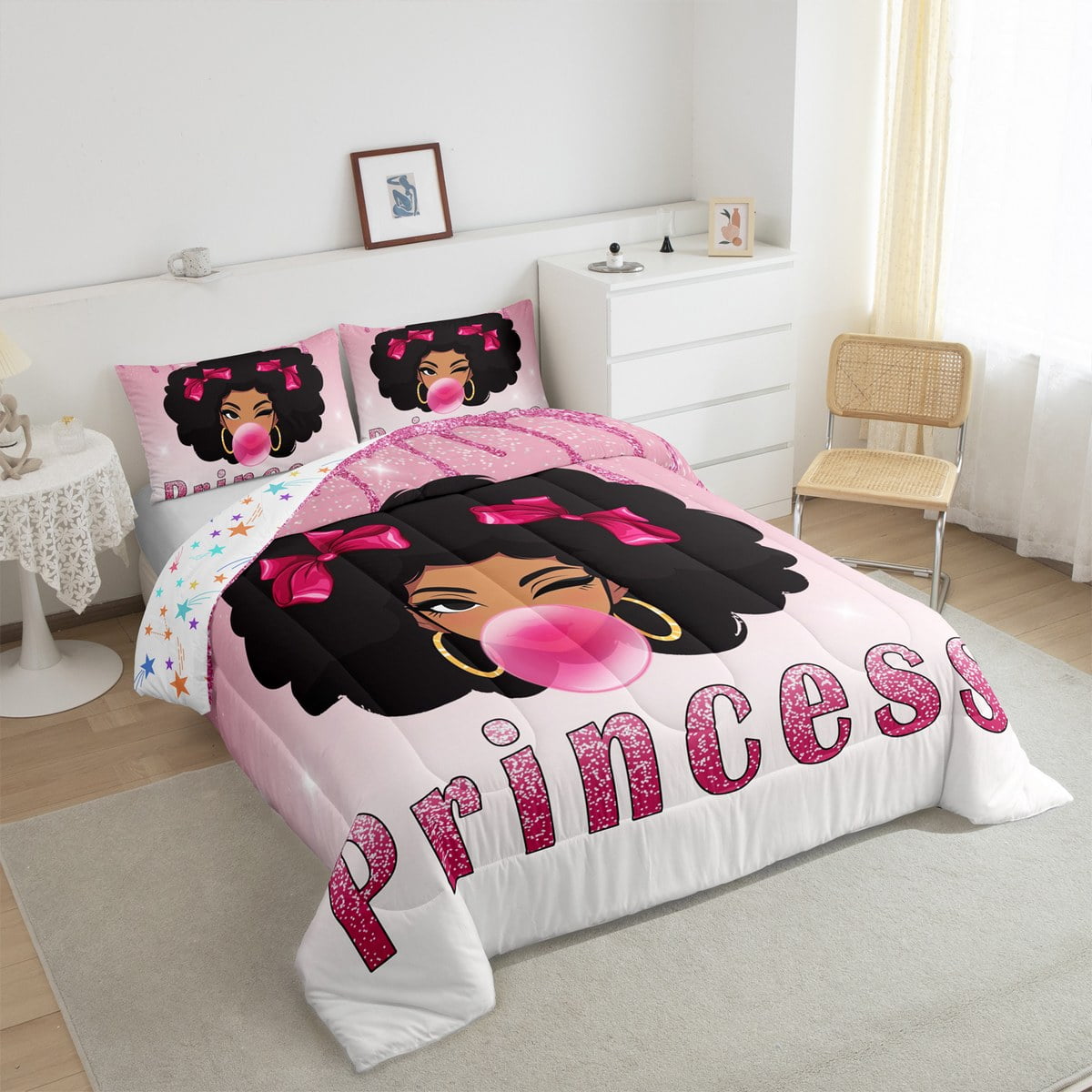 Black Women Comforter Set Queen Princess Bedding Set, Pink Glitters ...
