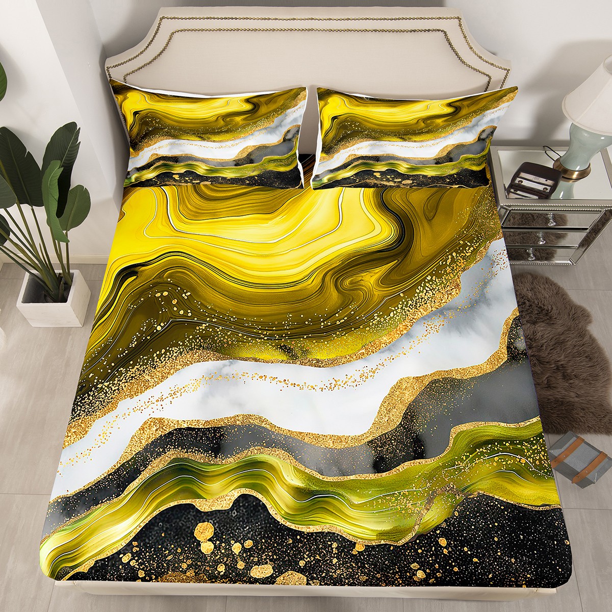 YST Black and Yellow Marbling Full Fitted Sheet Watercolor Stripe ...