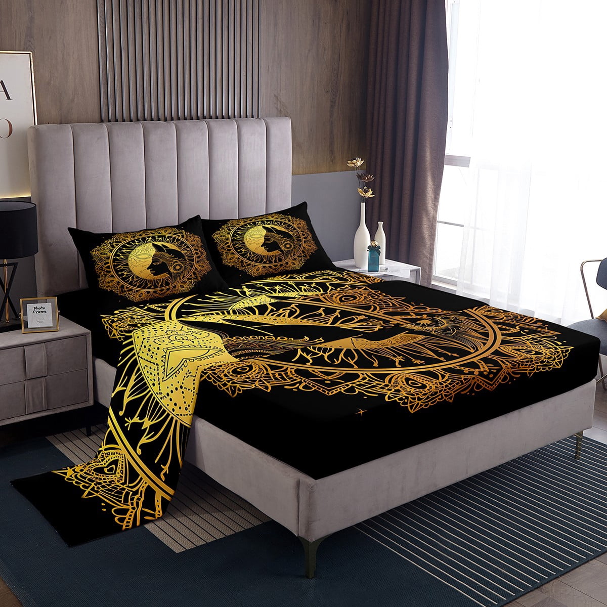 YST Black and Gold Full Sheets Hippie Mandala Bed Set, Boho Floral Bed ...