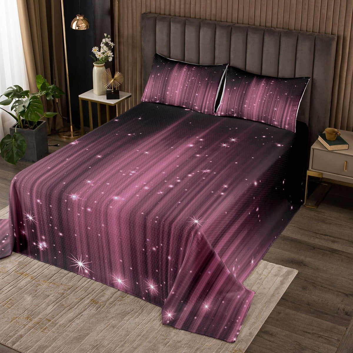 YST Black and Pink Bedspread Queen Ombre Glitter Quilt Bedding Set for ...